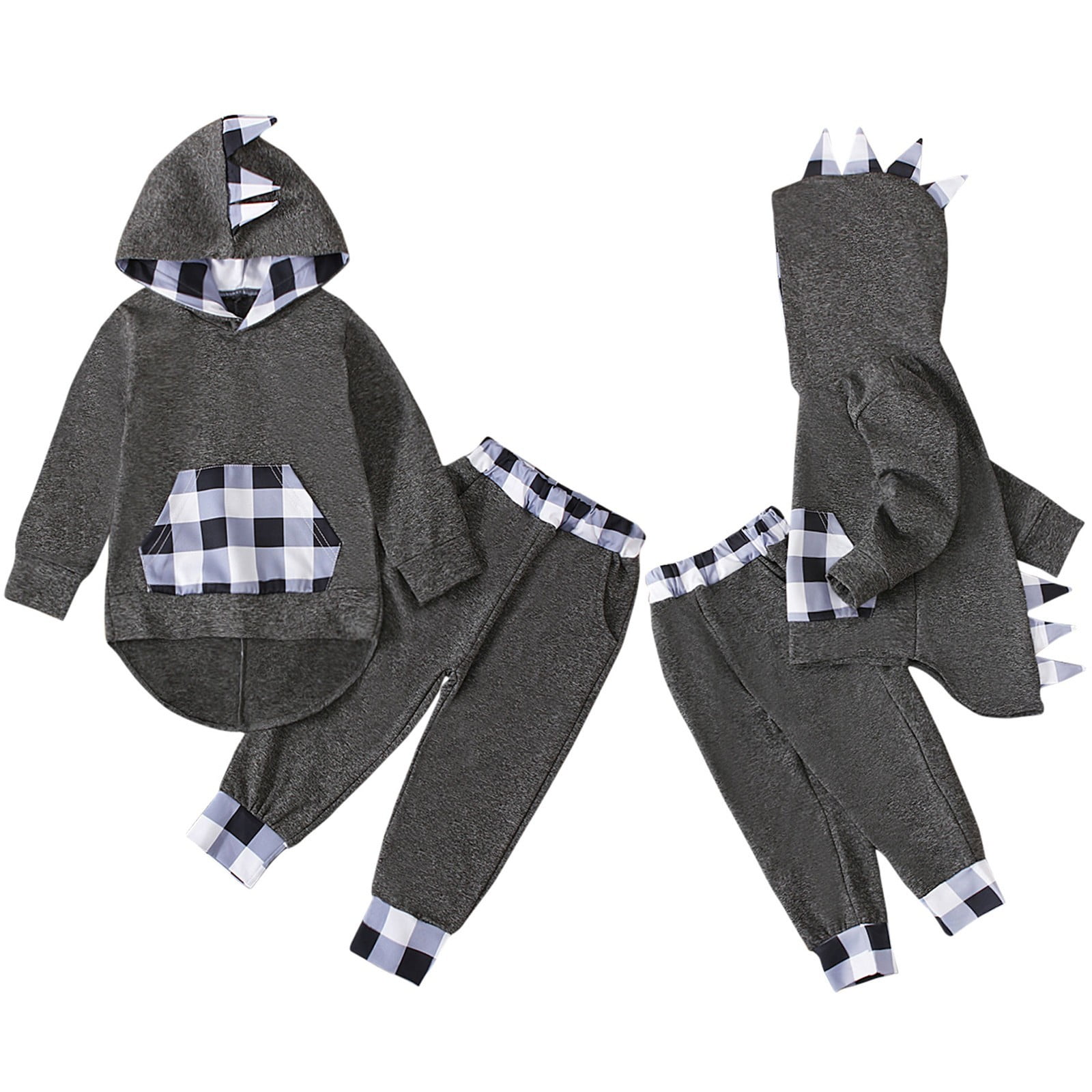 Baby Dinosaur Outfits 3D Plaid Long Sleeve Hoodie and Jogger Pant Sets 2 Piece Fall Winter Baby ...