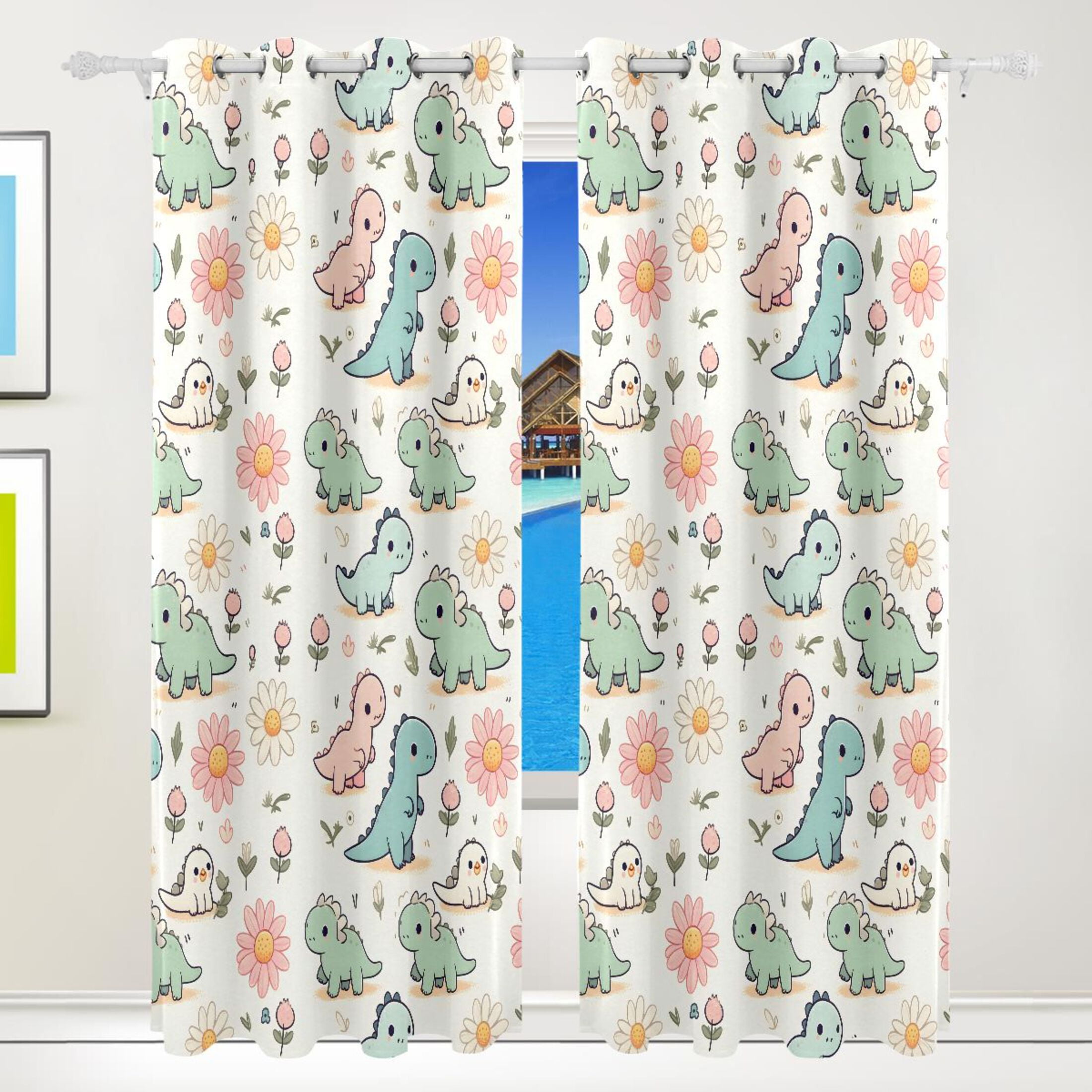 Baby Dinosaur and Daisy Blackout Curtains 72 inch Length 2 Panels ...