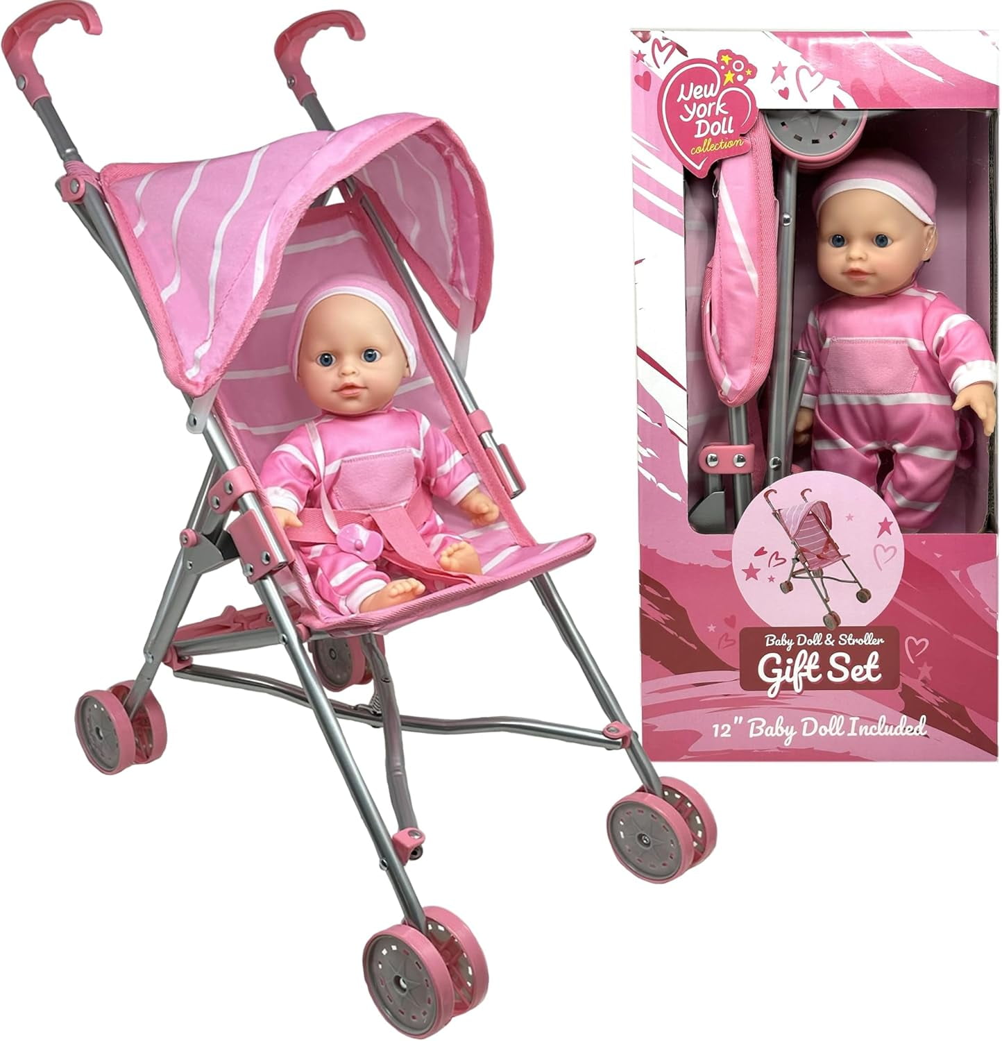 Baby Doll Stroller & 12" Baby Doll with Pacifier Gift Set - Pink ...
