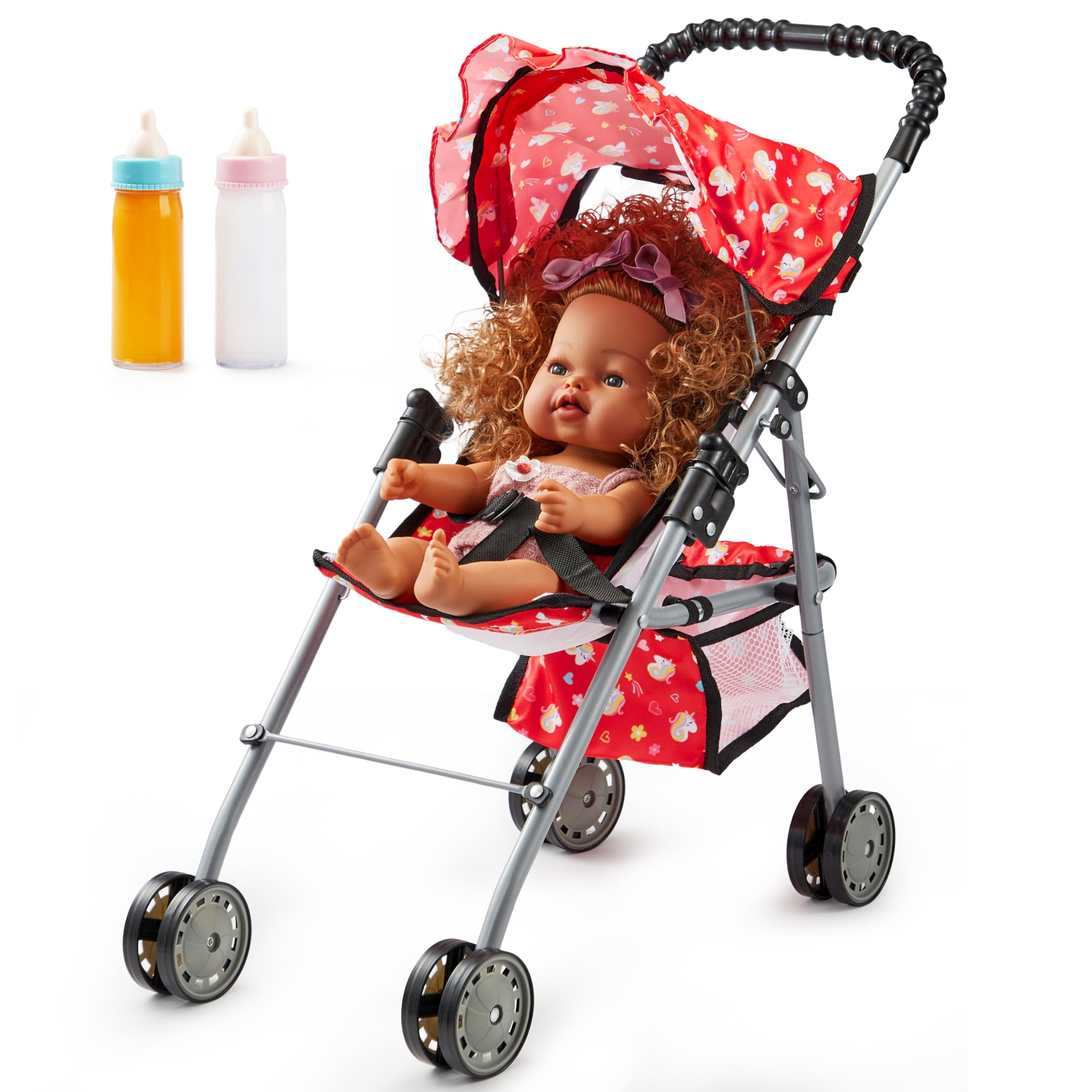 Baby Doll Stroller Toy, Foldable Doll Stroller with Basket & 2 Magic ...