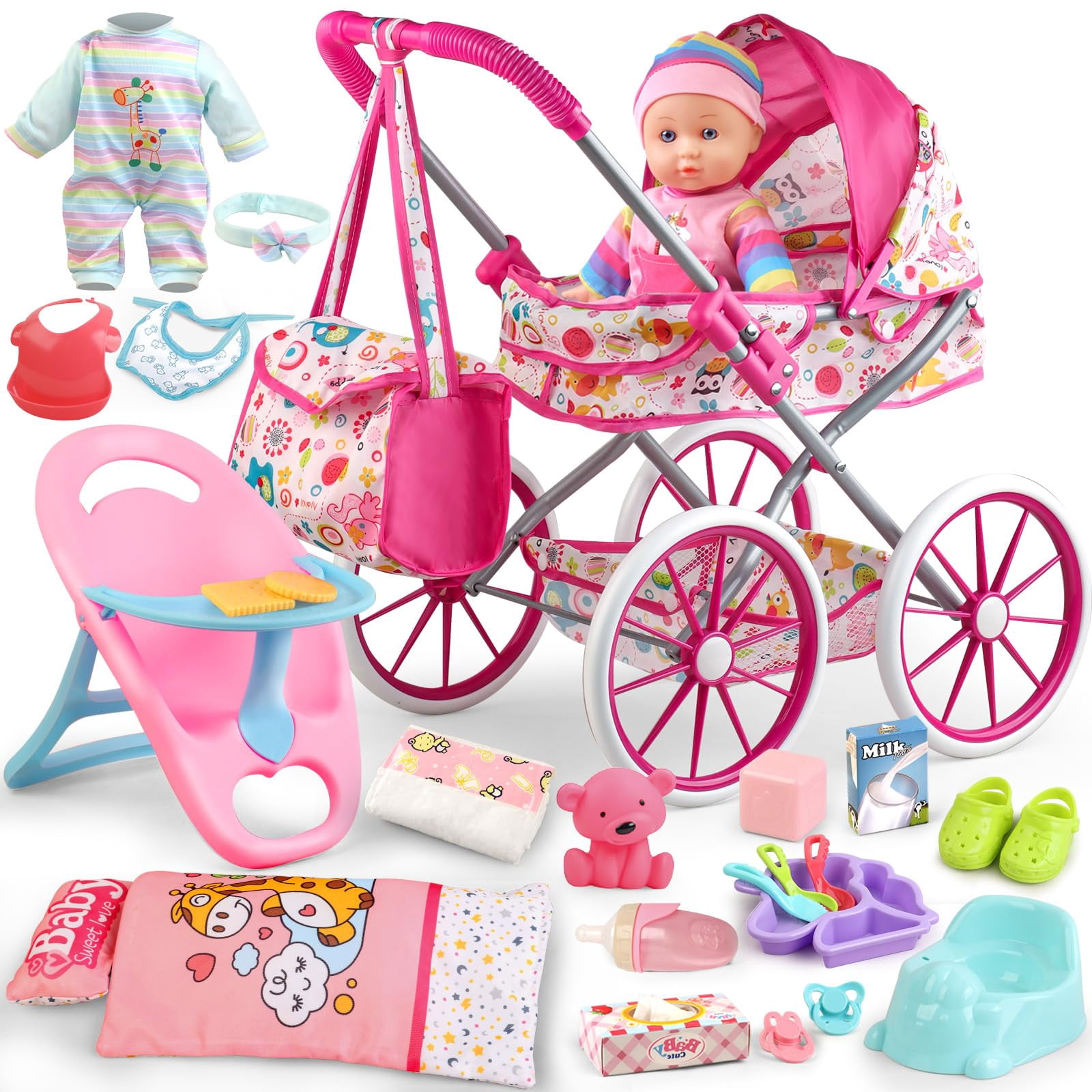 Baby Doll Stroller Toys Set with 12.5" Baby Doll,Dining Chair,Quilt ...