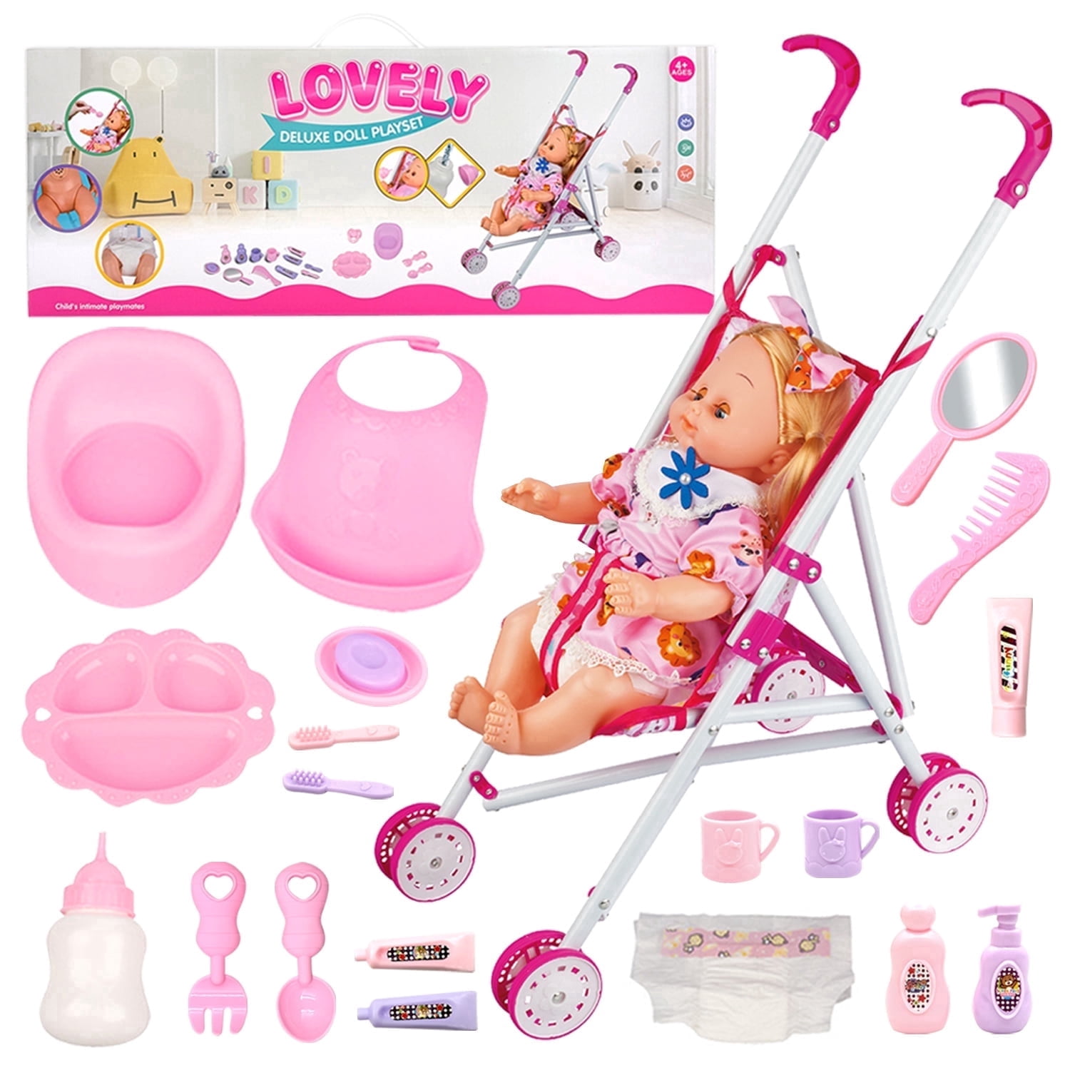 Baby Doll Stroller Toys Set with 14" Baby Doll, 22 Pcs Baby Doll ...