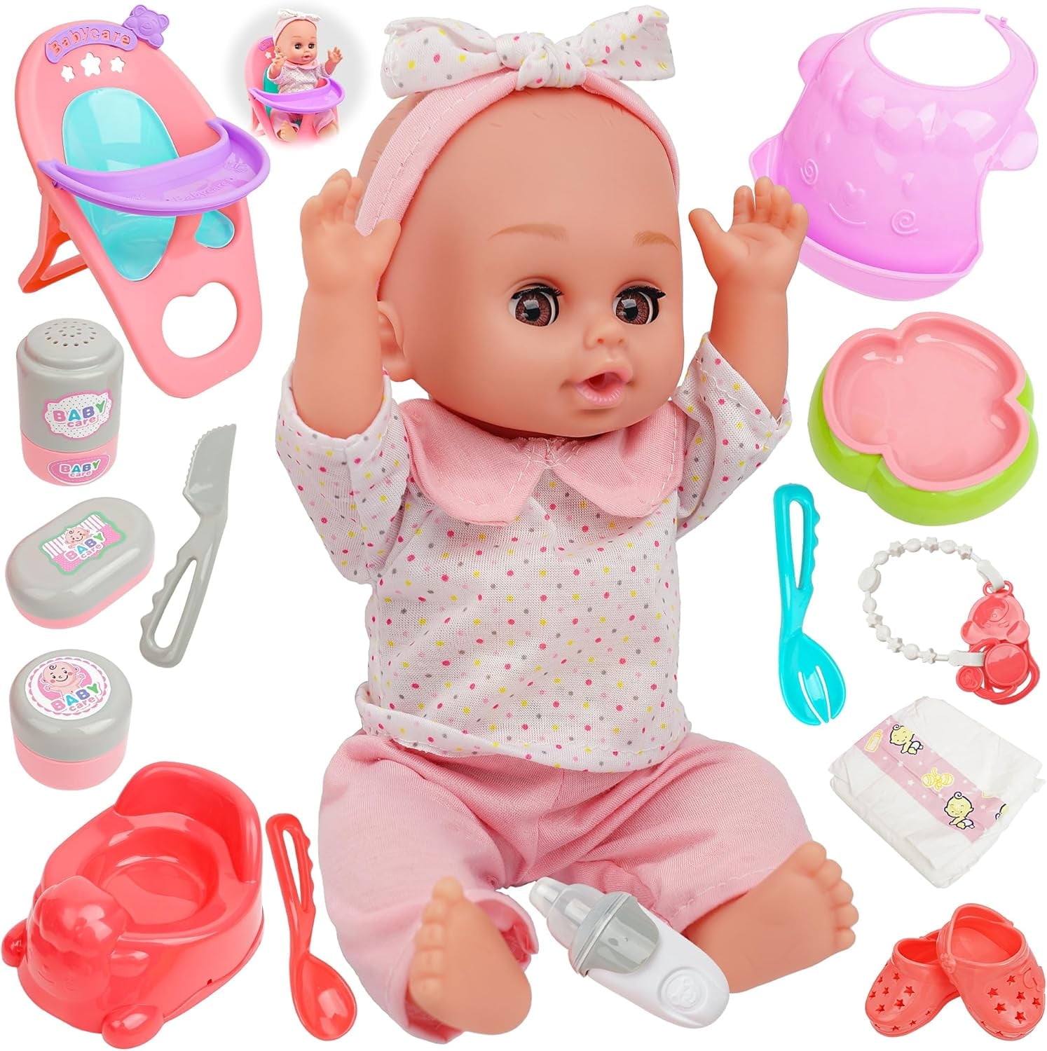 YCFUN 14'' Baby Dolls Play Set, 15pcs Baby Doll with Bottle, Chair and ...