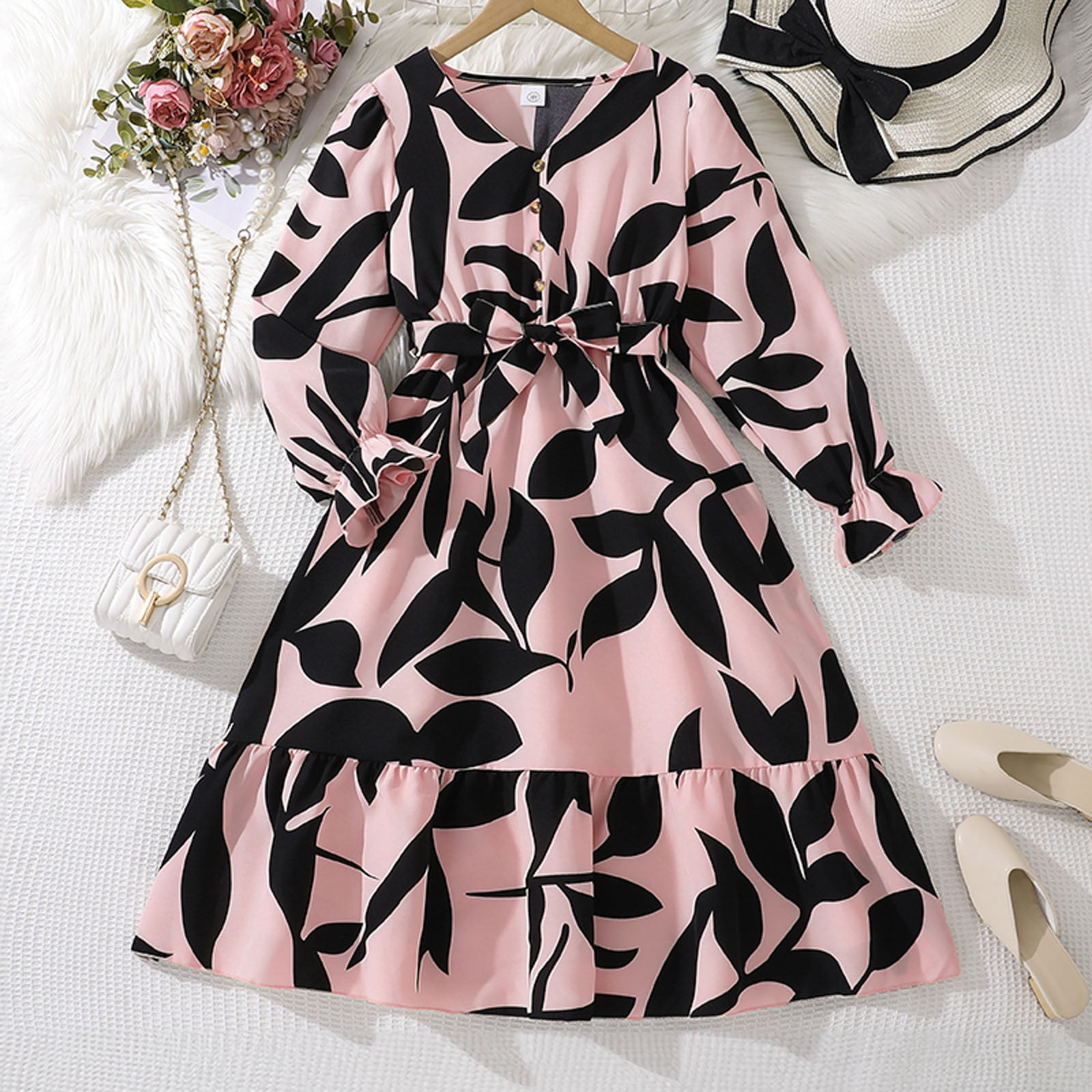 Baby Dress Spring Summer Child Toddler Girls Long Sleeve V Neck Leaf ...