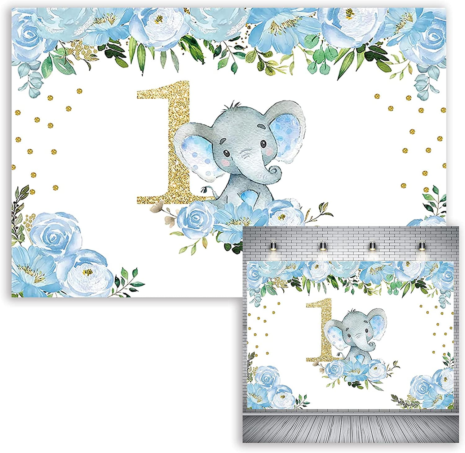Baby Elephant Backdrop for Boy Blue Floral 1st Birthday Backdrop for ...