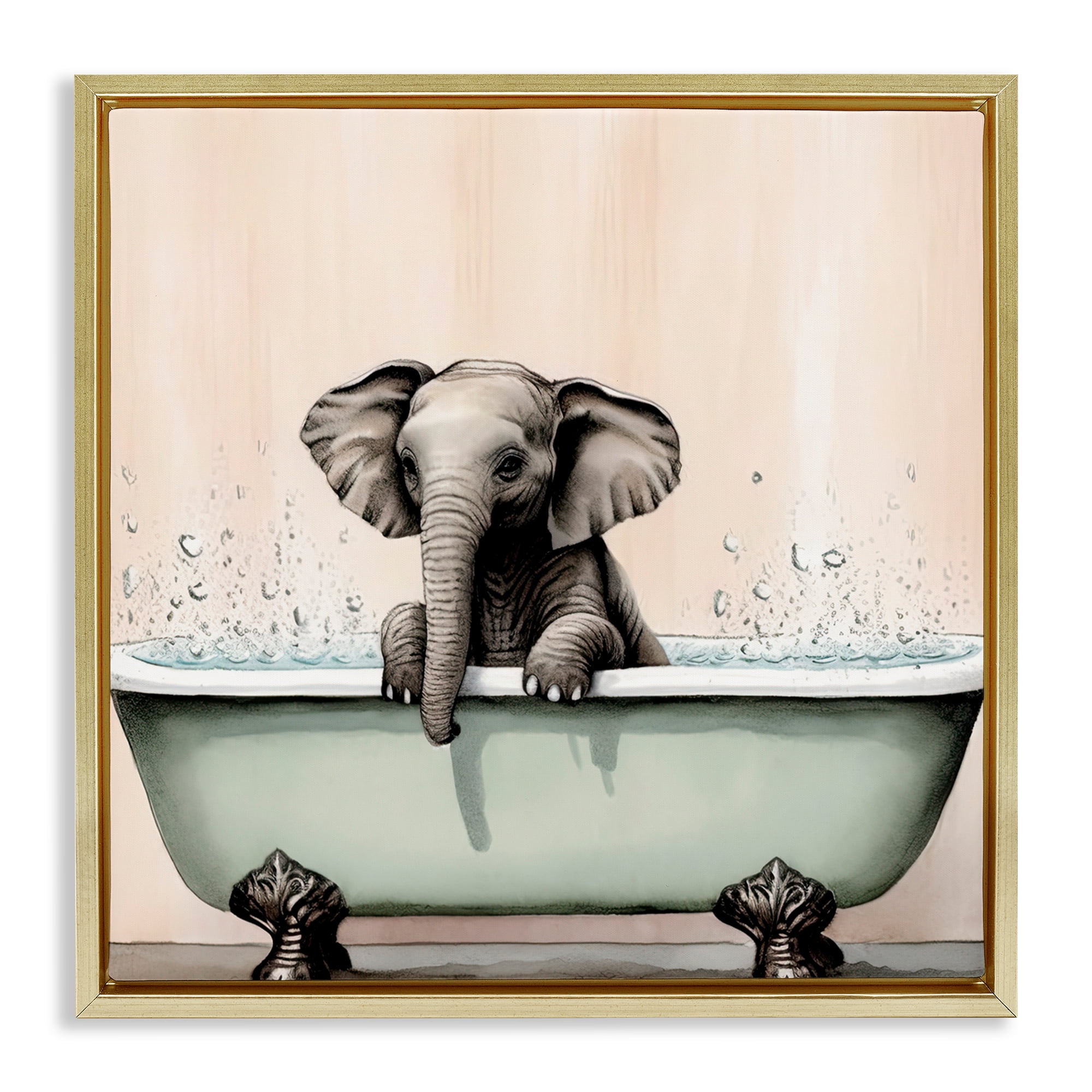 Baby Elephant Bathtime Gold Framed Floater Canvas Wall Art, design by ...