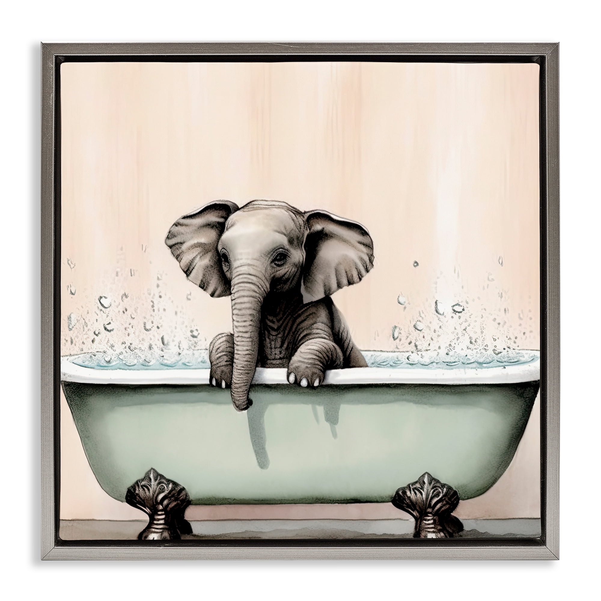 Baby Elephant Bathtime Gray Framed Floater Canvas Wall Art, design by ...