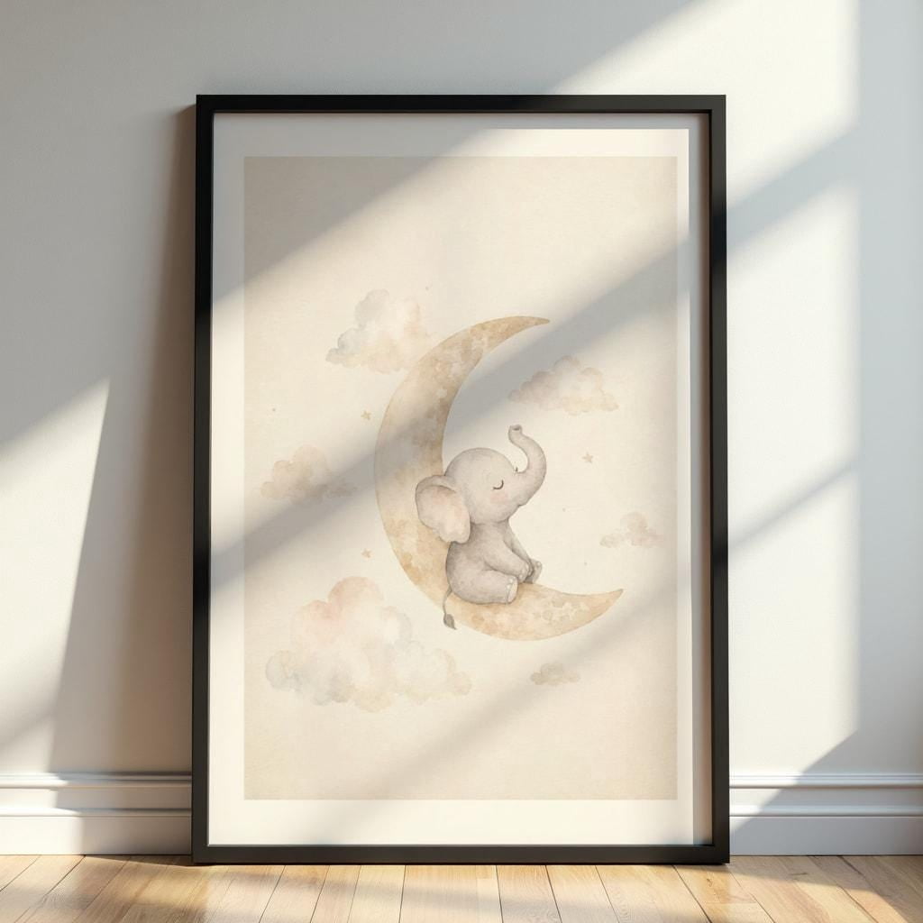 Baby Elephant Nursery Wall Art Print Neutral Moon Nursery Poster Cute ...