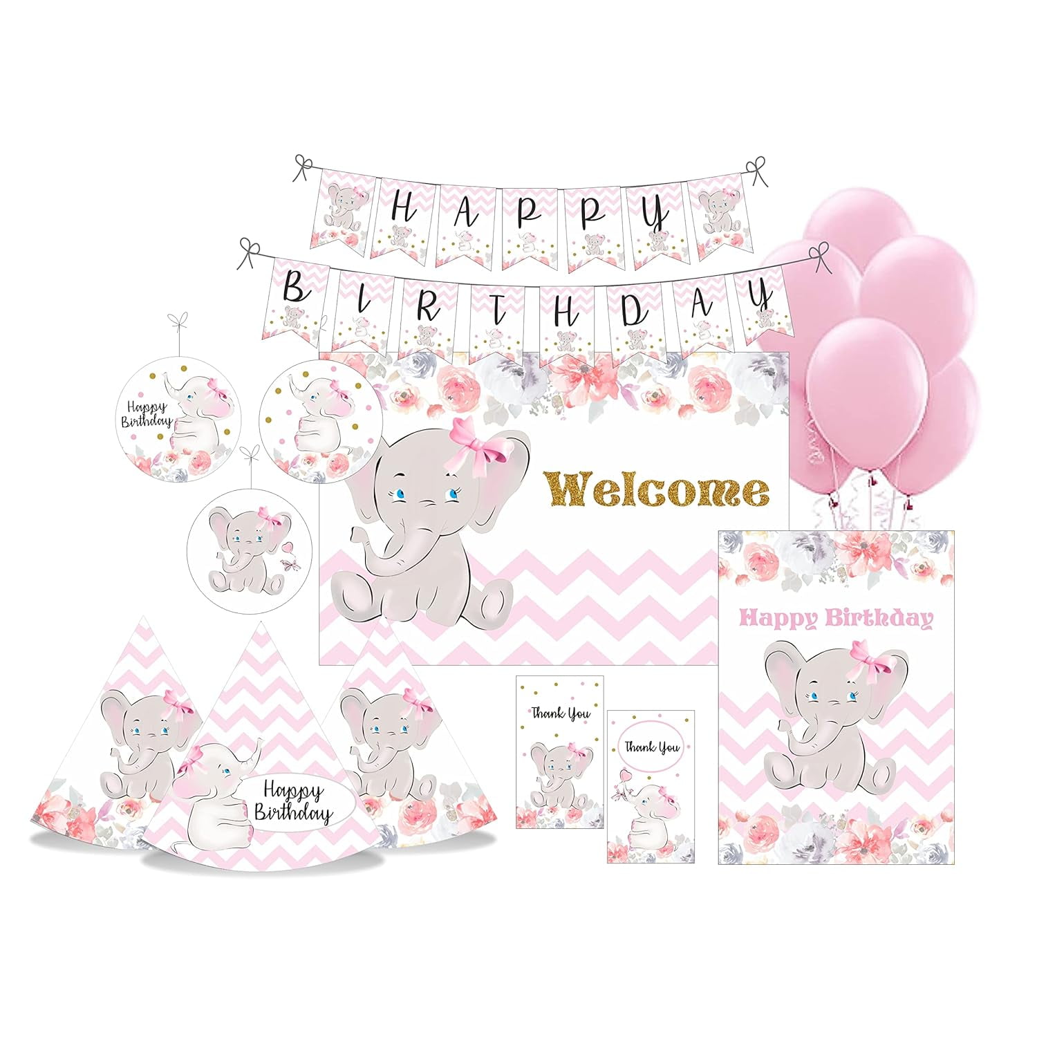 Baby Elephant Party Decorations Kit - Pink Color, 80 Pcs Includes ...