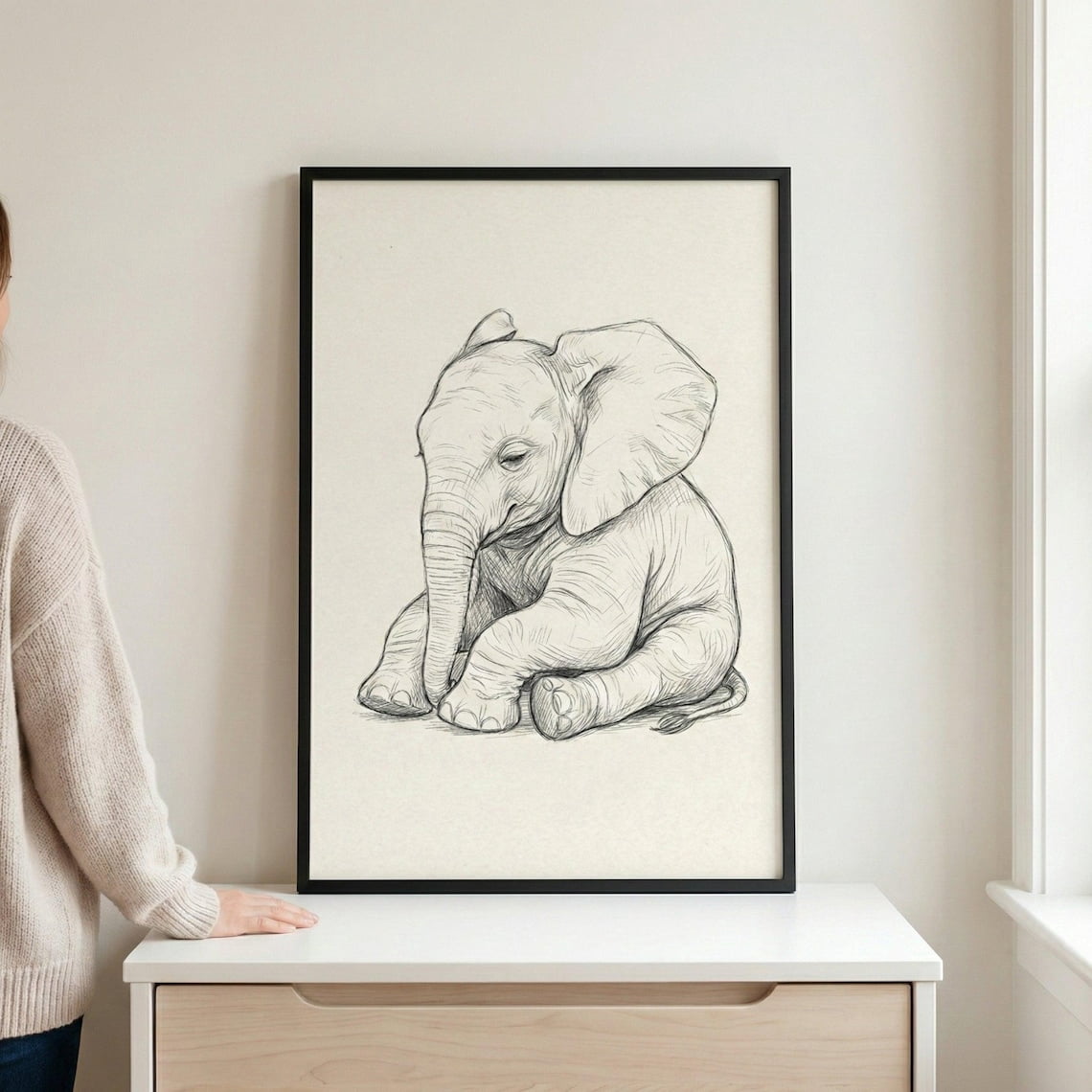 Baby Elephant Pencil Sketch Wall Art Nursery Animal Drawing Minimalist ...