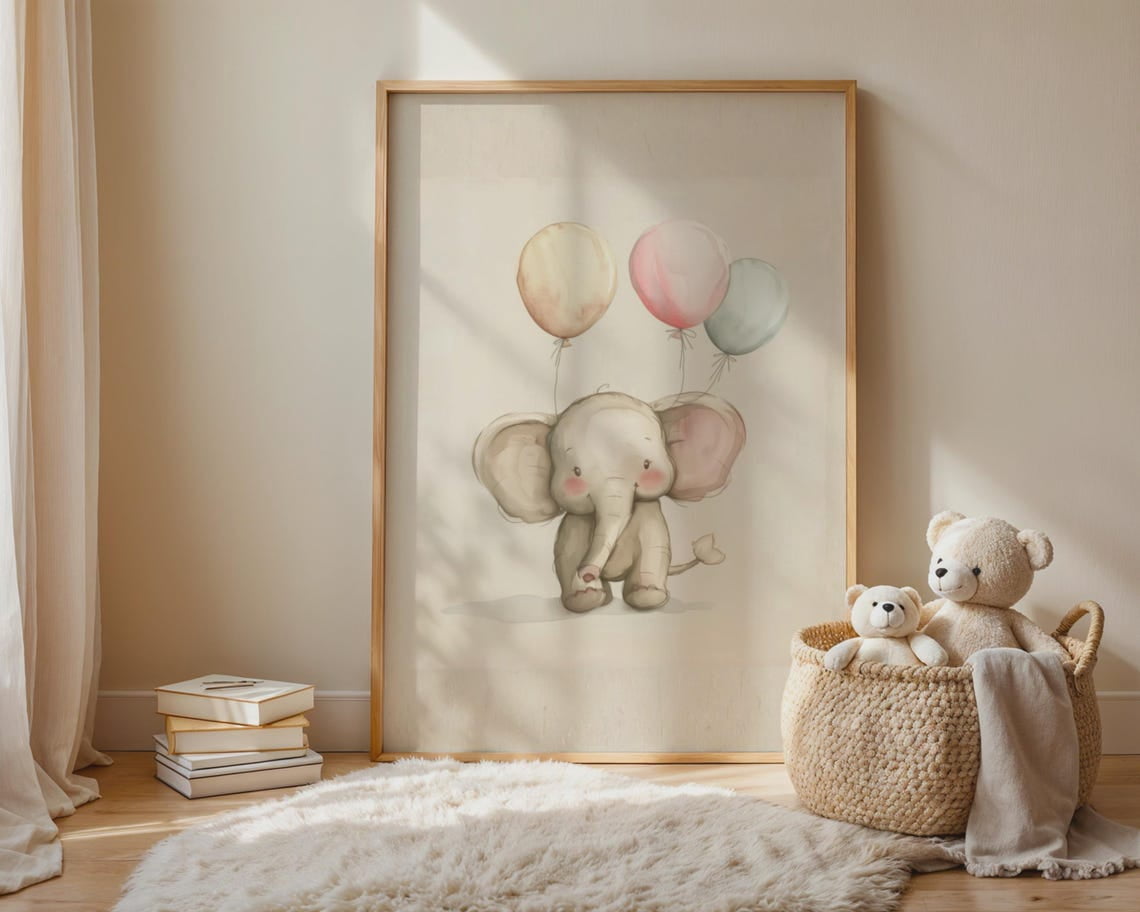 Baby Elephant Watercolor Print, Pastel Balloon Nursery Decor Poster ...