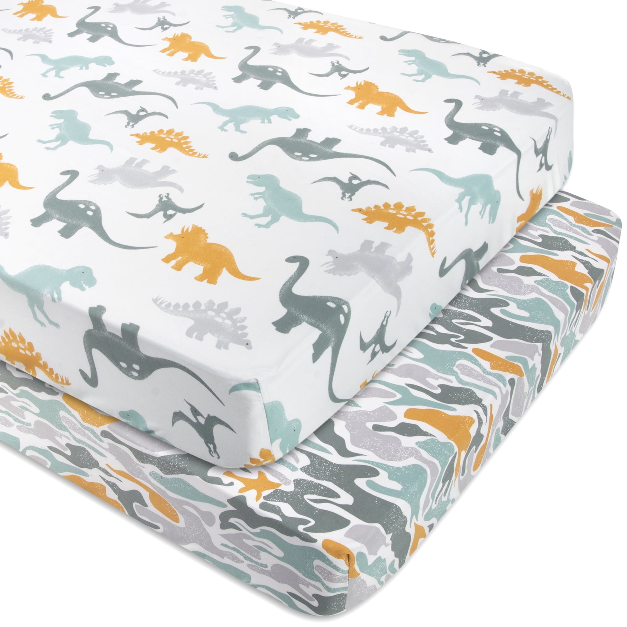 Baby Essentials 2-Pack Dinos & Camouflage Fitted Crib Sheets, 52”L x 28 ...