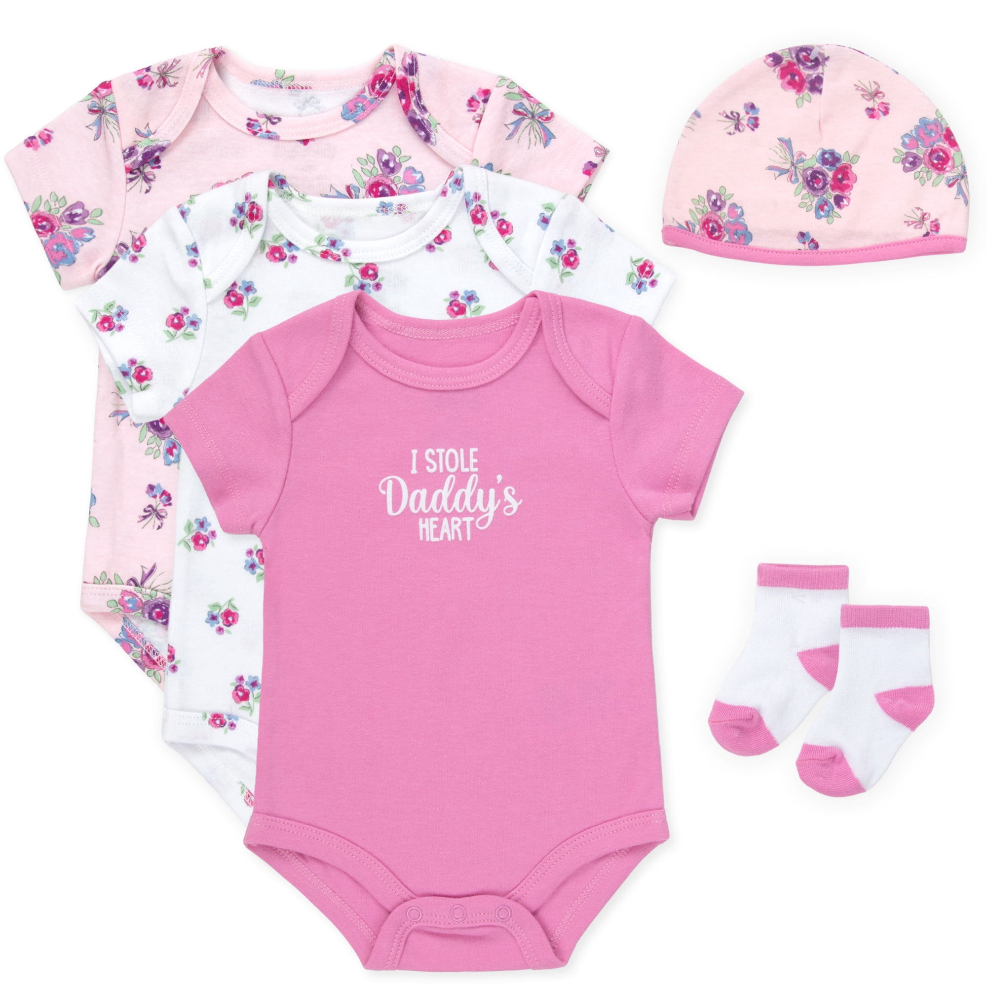 Baby Essentials Baby Girl 5 Piece Bodysuit Romper Set, Floral Baby ...