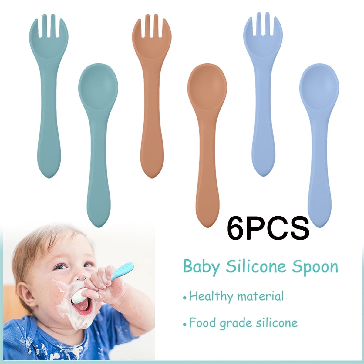 Baby First Stage Baby Spoon Fork, 6pcs, Soft Silicon Baby Spoon ...