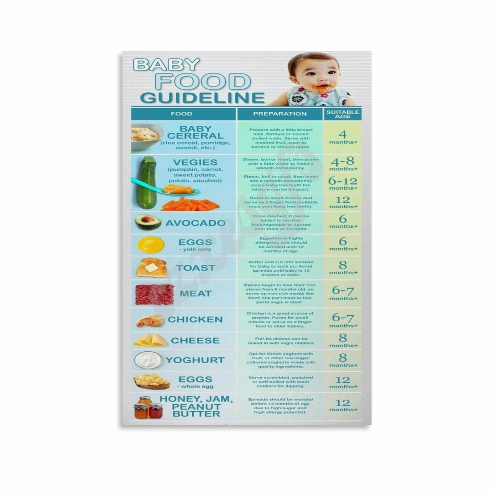 Baby Food Guideline Poster Age-Appropriate First Foods Chart Wall Art ...