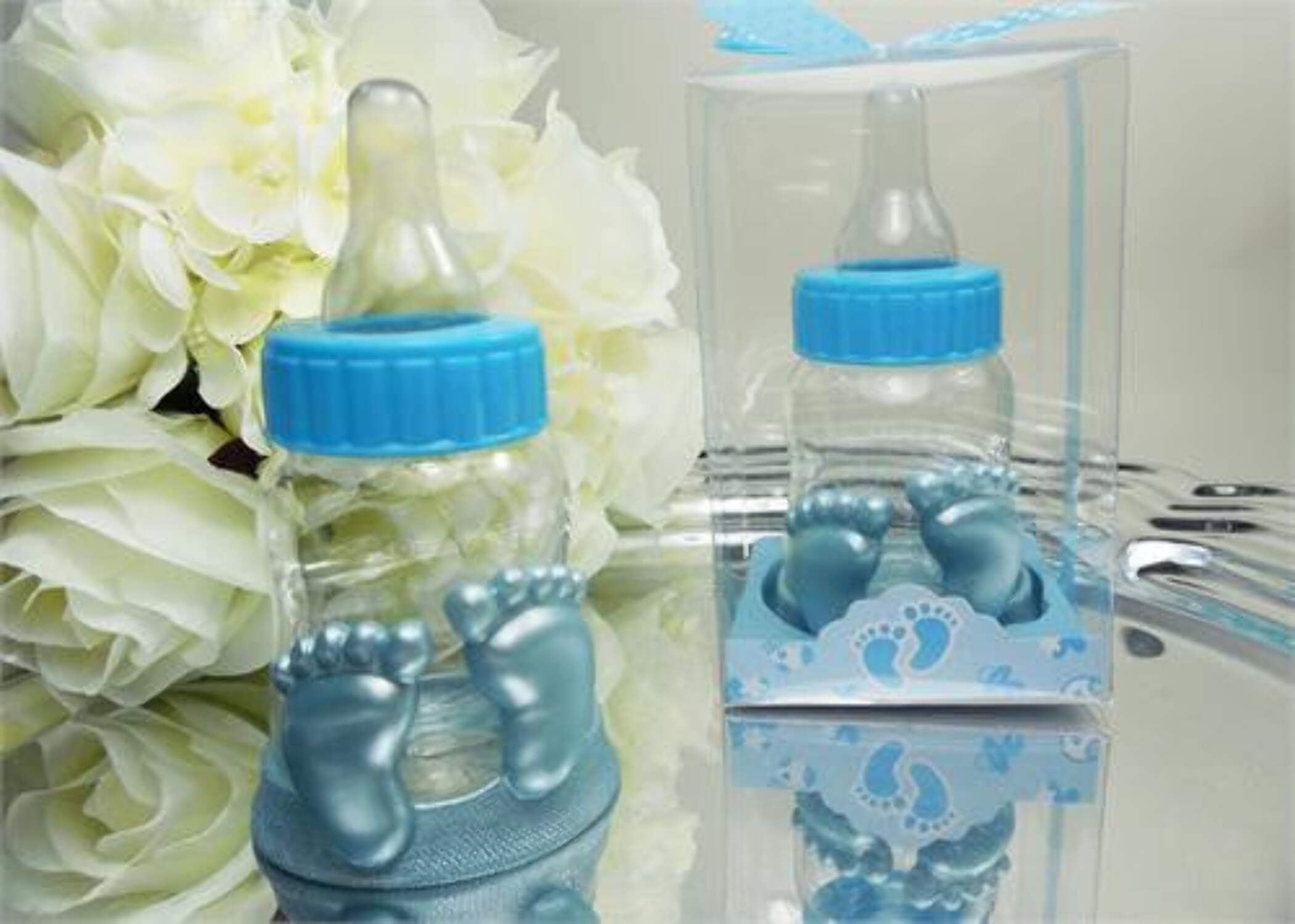 Baby Foot Prints Bottle - Baby Shower Favor Cake Topper Blue 12 pcs ...