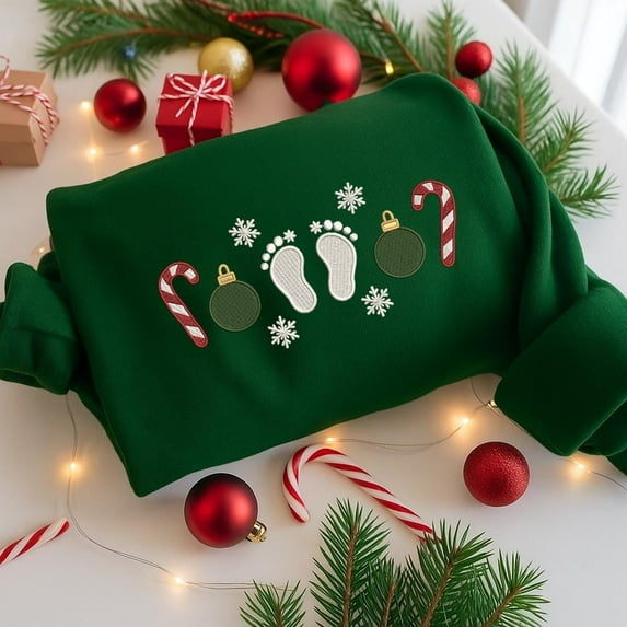 Baby Footprint Christmas Embroidered Sweatshirt, Candy Cane Ornament ...