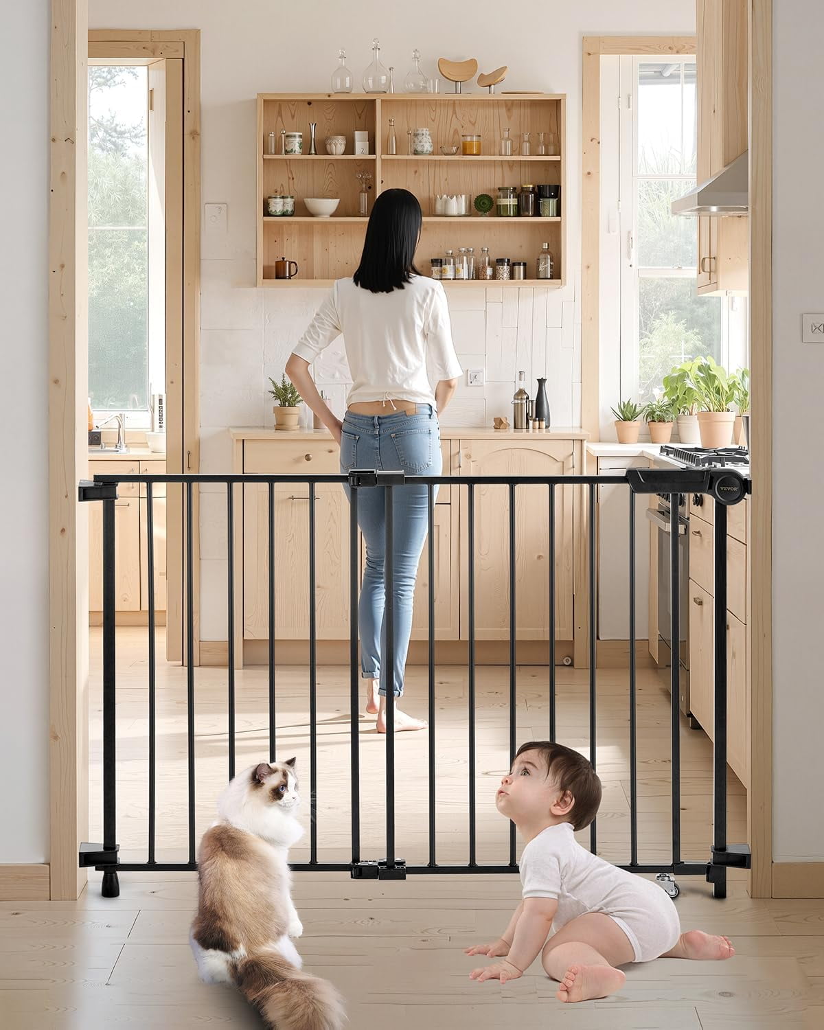Baby Gate, 29.5-43 Inches Adjustable Width, 28 Inches High Dog Gate, No Threshold Bar, Easy Step ...