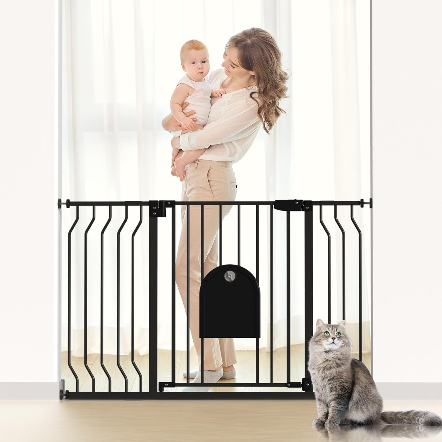 Baby Gate with Cat Door for Stairs - Auto Close 29.5-48.4" Dog Pet ...