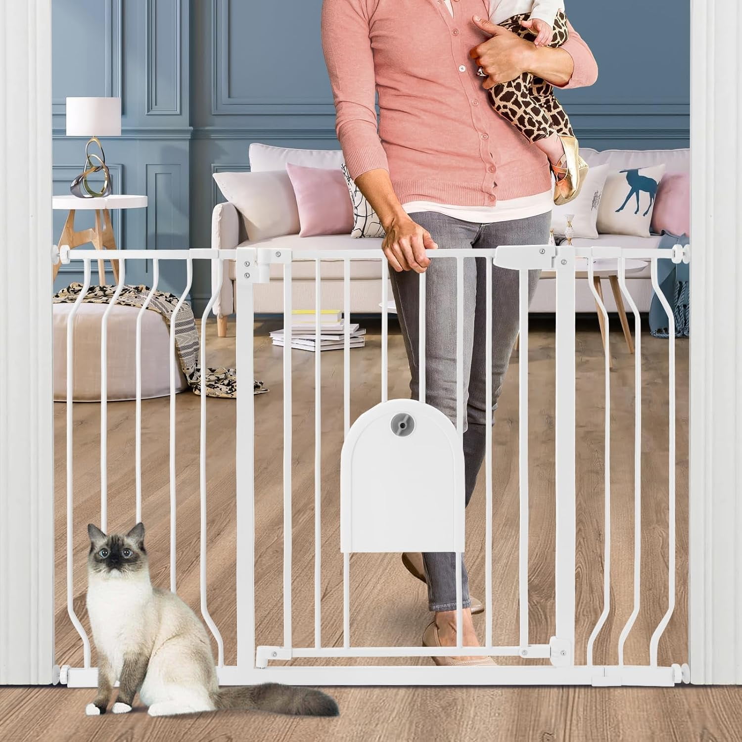 Baby Gates with Cat Door - Auto Close 29.5"-48.4" Safety Metal Dog Pet ...