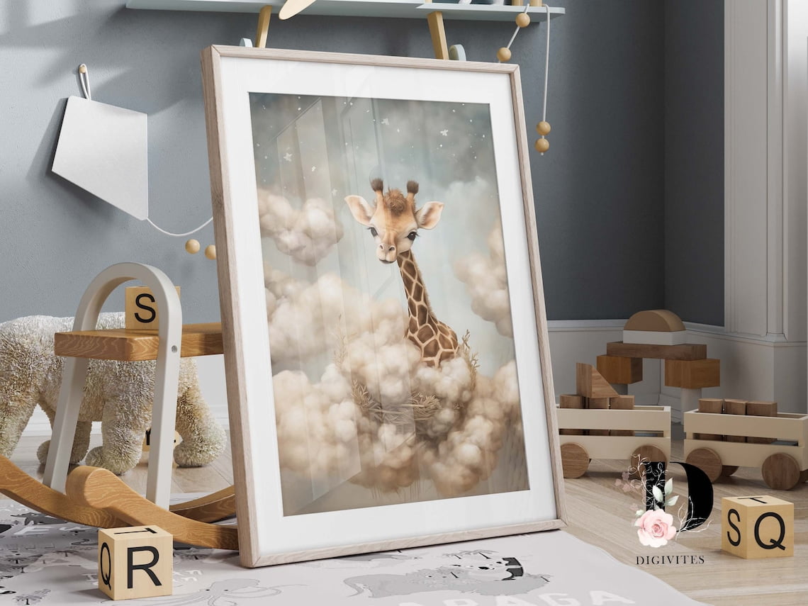 Baby Giraffe Floating In Clouds, Safari, Mystical Decor For Fantasy ...