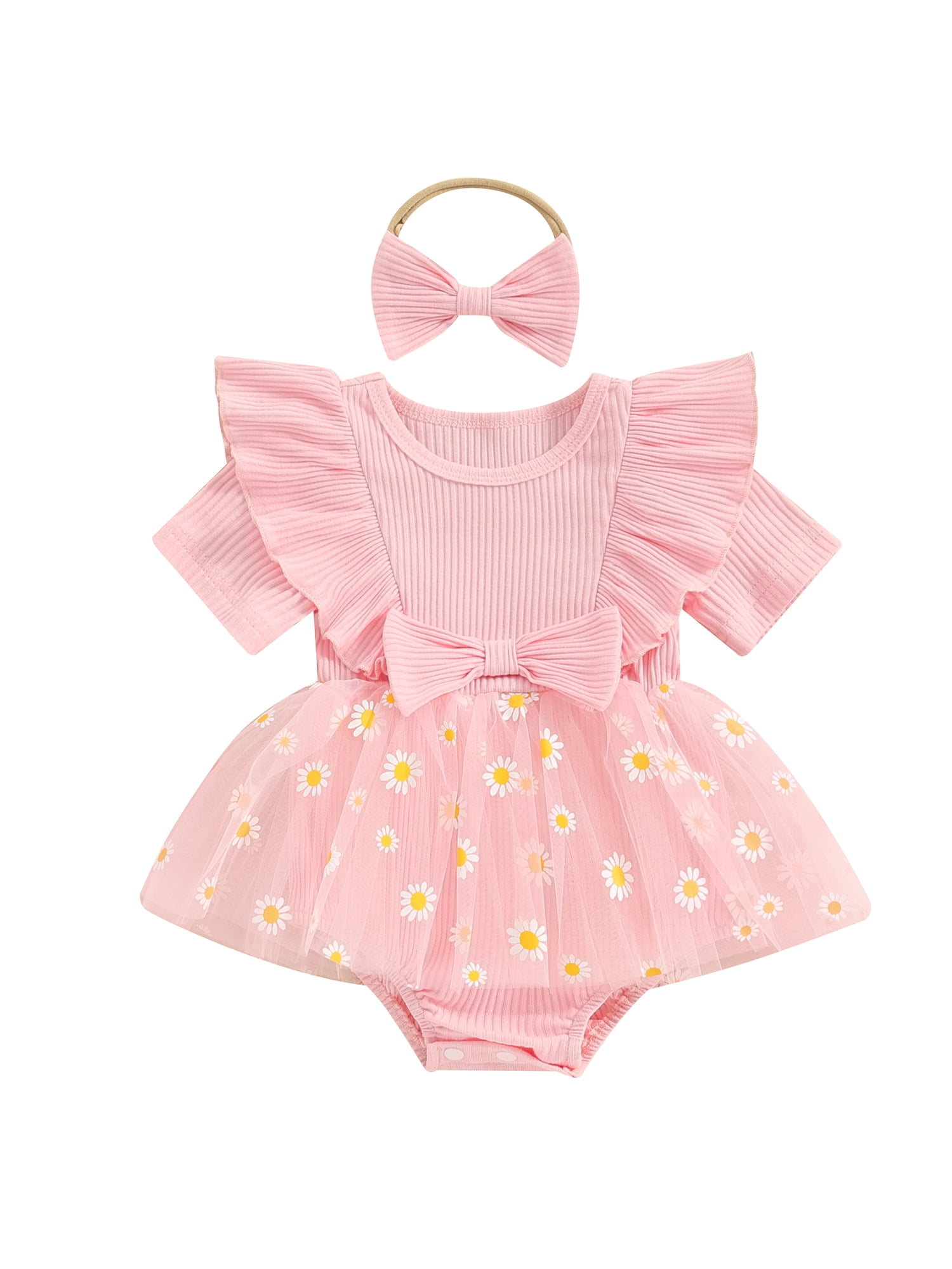 Shunvnny Baby Girl 2 Piece Outfits Daisy Print Ribbed Short Sleeve Mesh ...