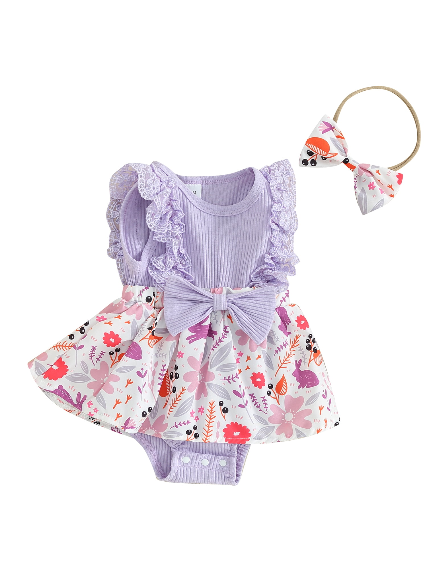Baby Girl 2 Piece Outfits Floral Print Lace Ruffle Romper Dress and ...