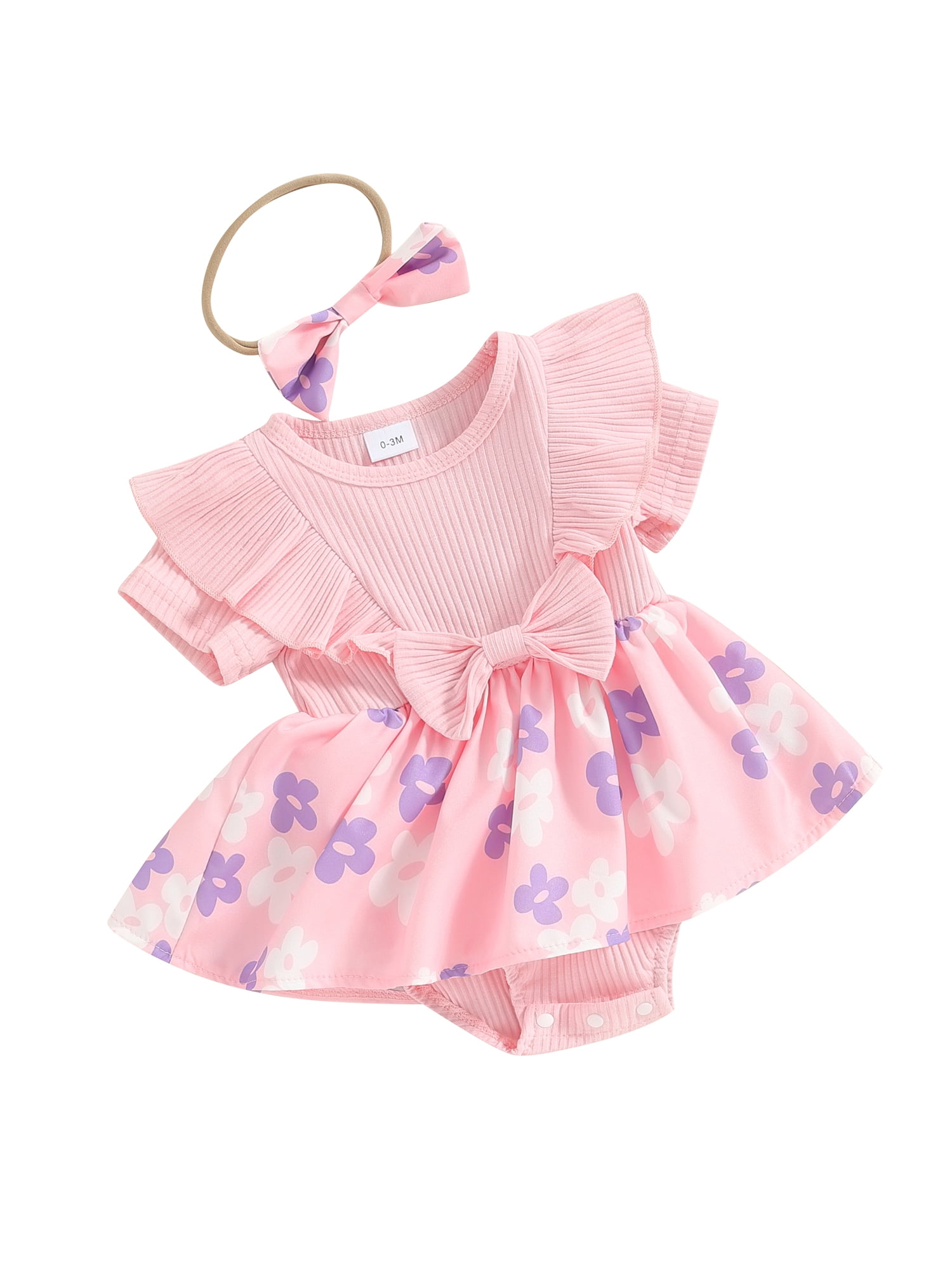 Baby Girl 2 Piece Outfits Floral Print Short Sleeve Ribbed Romper Dress ...