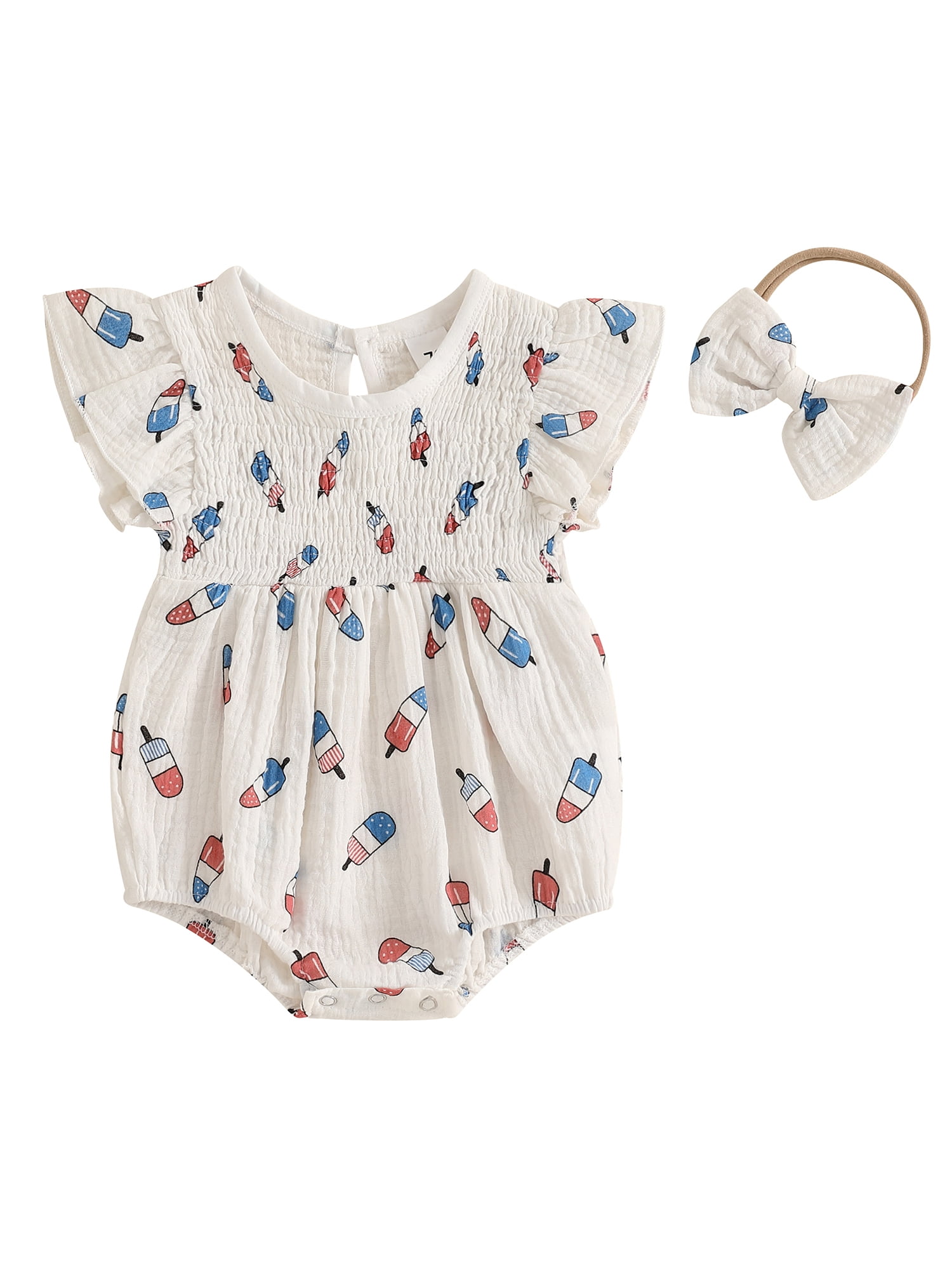Baby Girl 4th of July Outfit Baby Fourth of July Romper one-piece Ice Cream Smocked Bodysuit ...