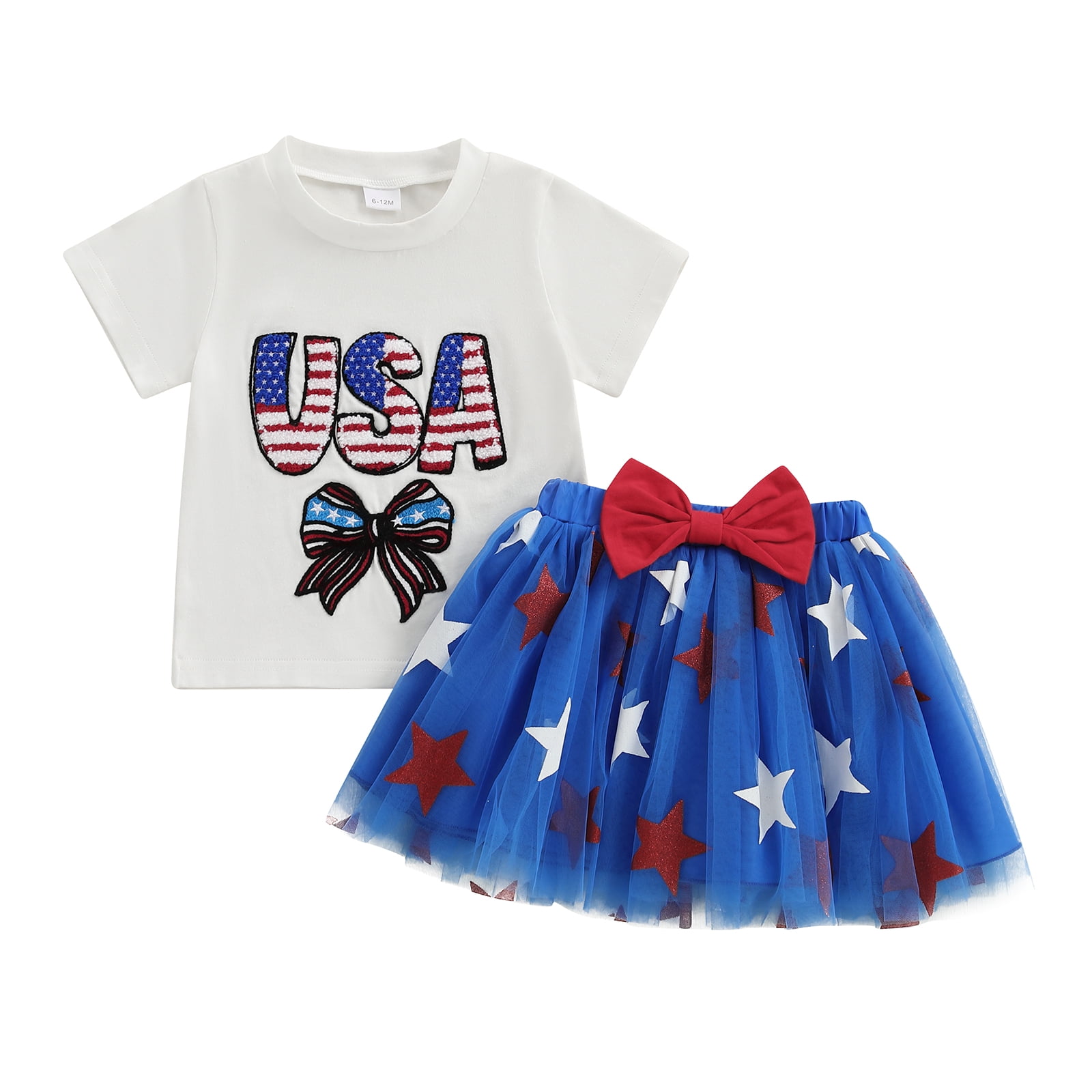 Baby Girl 4th of July Outfits Bow Letter Embroidery Short Sleeve T ...