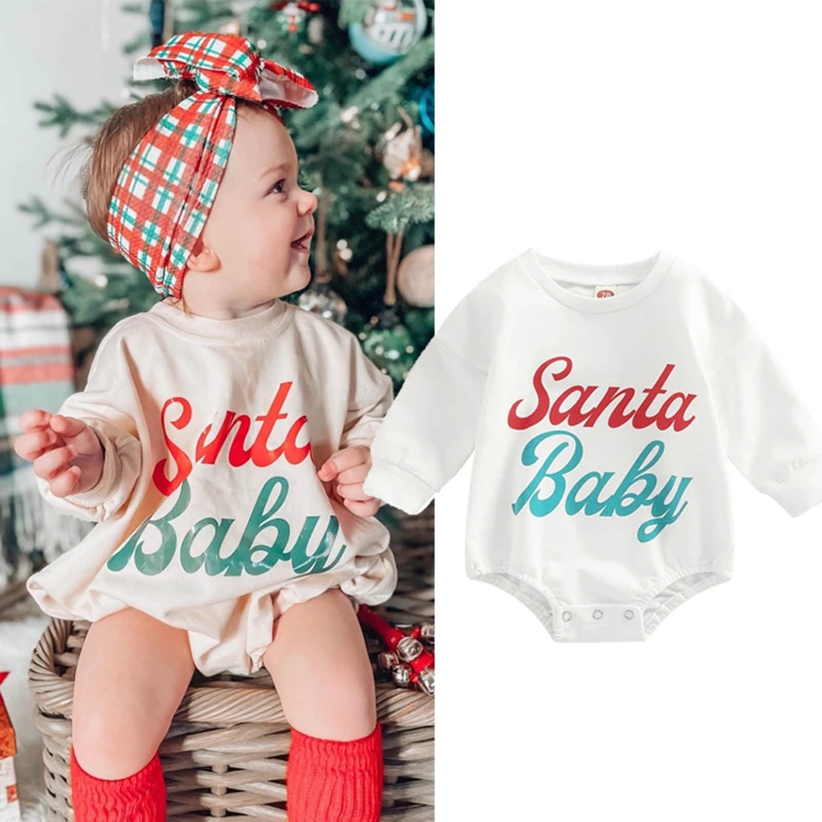 Baby Girl Boy Christmas Outfits Long Sleeve Santa Letter Printed Crewneck Romper Sweatshirt ...