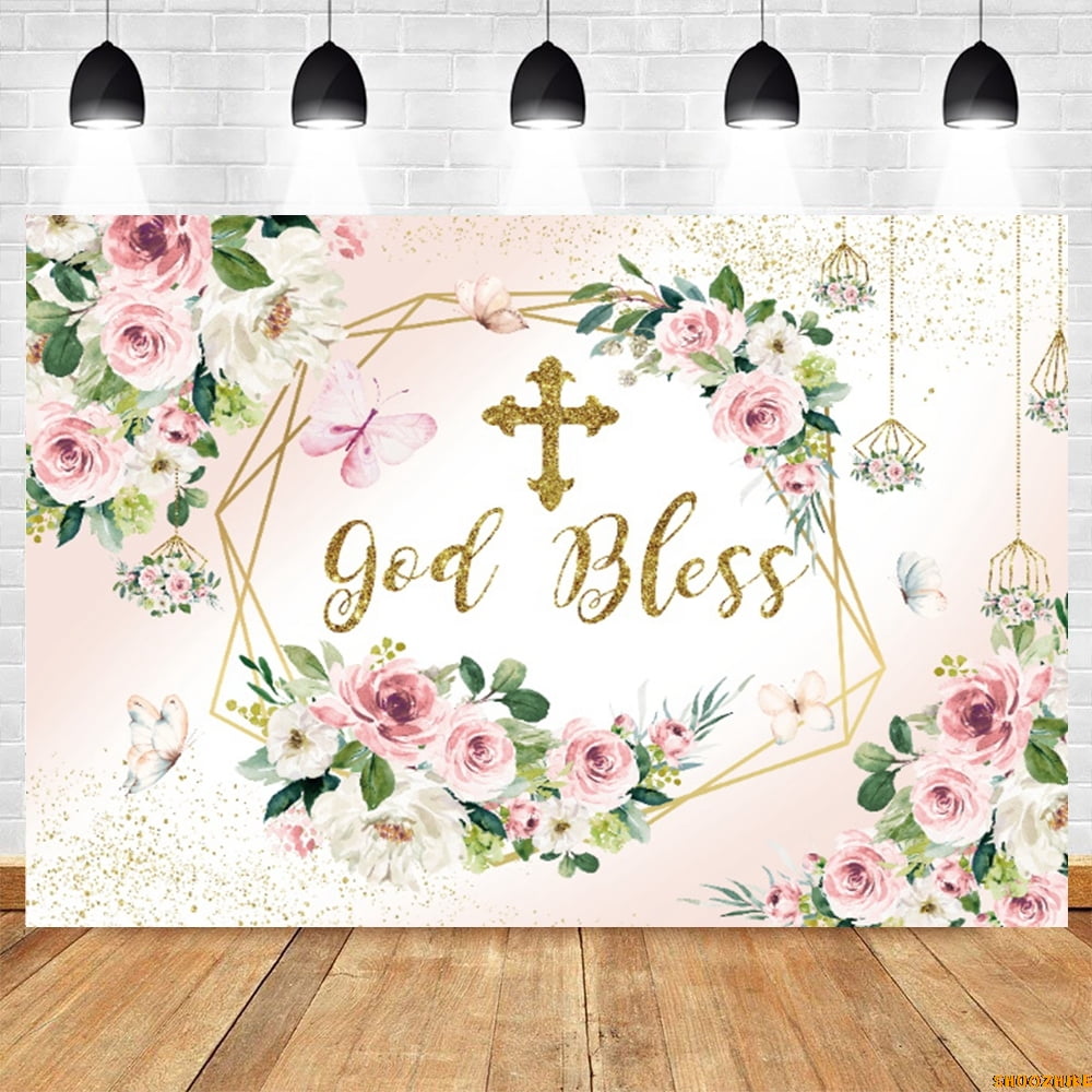 Baby Girl Boy First Communion Background Flower Leaves Cross God Bless ...