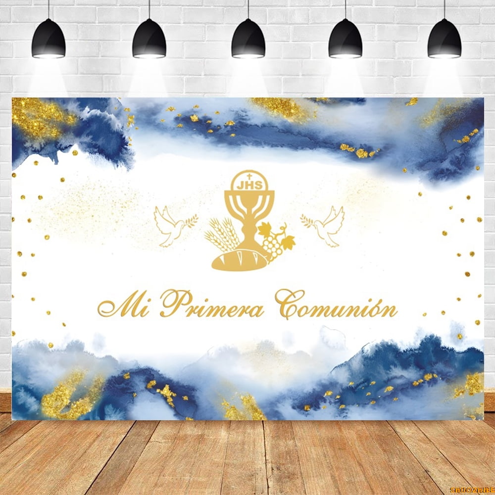 Baby Girl Boy First Communion Background Flower Leaves Cross God Bless ...