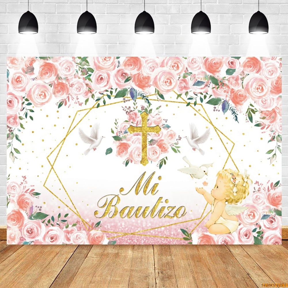 Baby Girl Boy First Communion Background Flower Leaves Cross God Bless ...