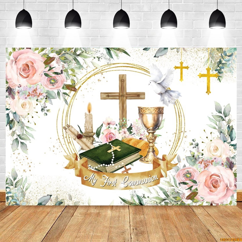 Baby Girl Boy First Communion Background Flower Leaves Cross God Bless ...