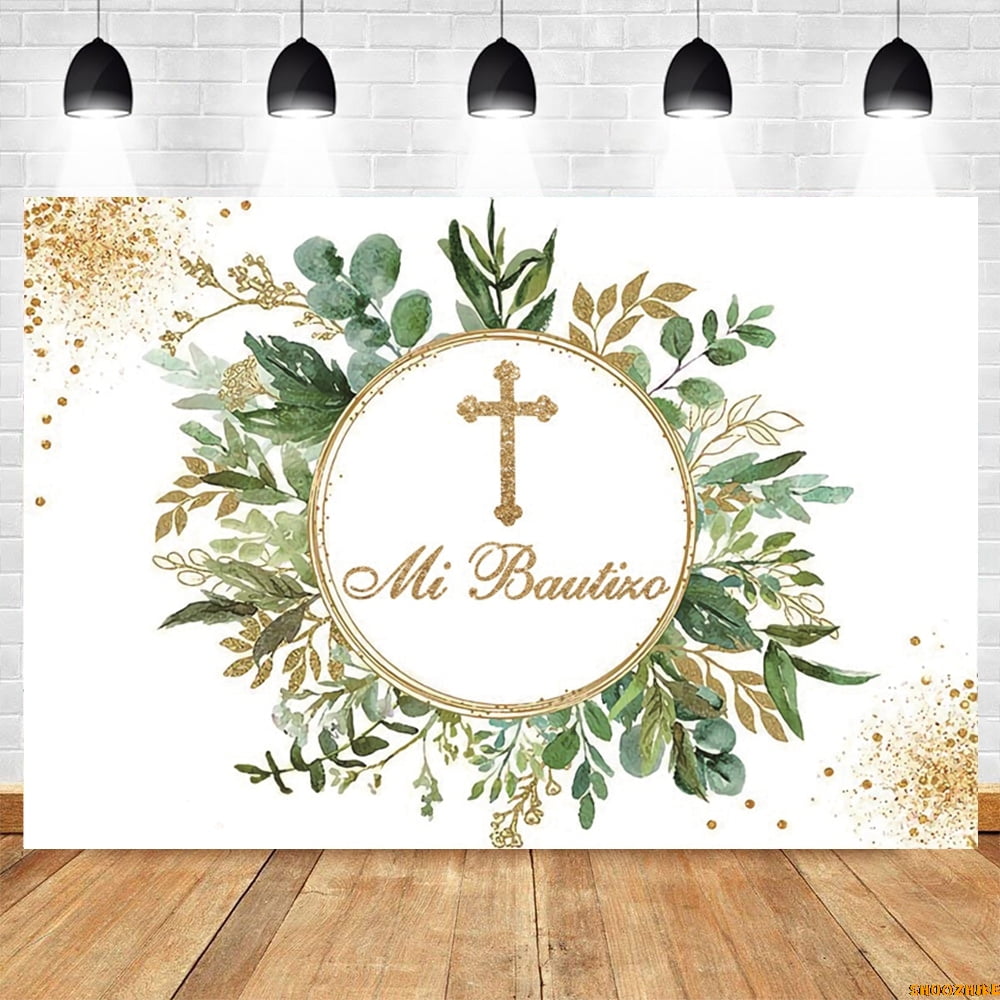 Baby Girl Boy First Communion Background Flower Leaves Cross God Bless ...