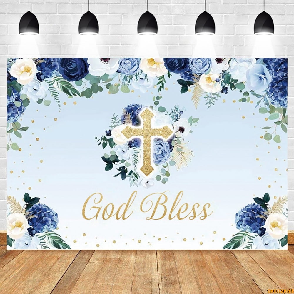 Baby Girl Boy First Communion Background Flower Leaves Cross God Bless ...