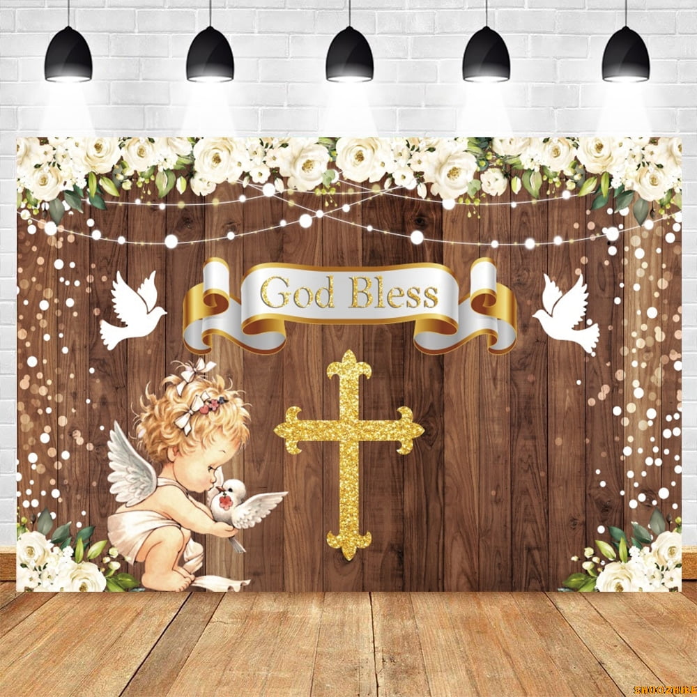 Baby Girl Boy First Communion Background Flower Leaves Cross God Bless ...