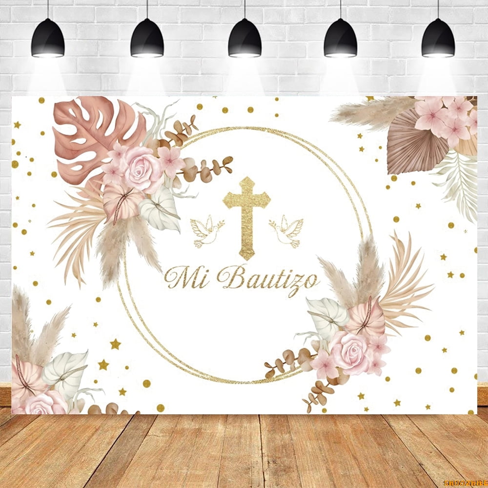 Baby Girl Boy First Communion Background Flower Leaves Cross God Bless ...