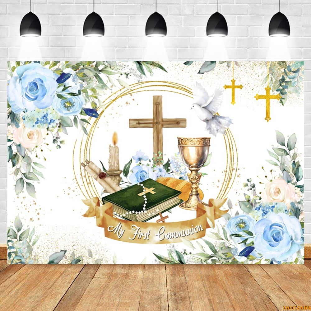 Baby Girl Boy First Communion Background Flower Leaves Cross God Bless ...