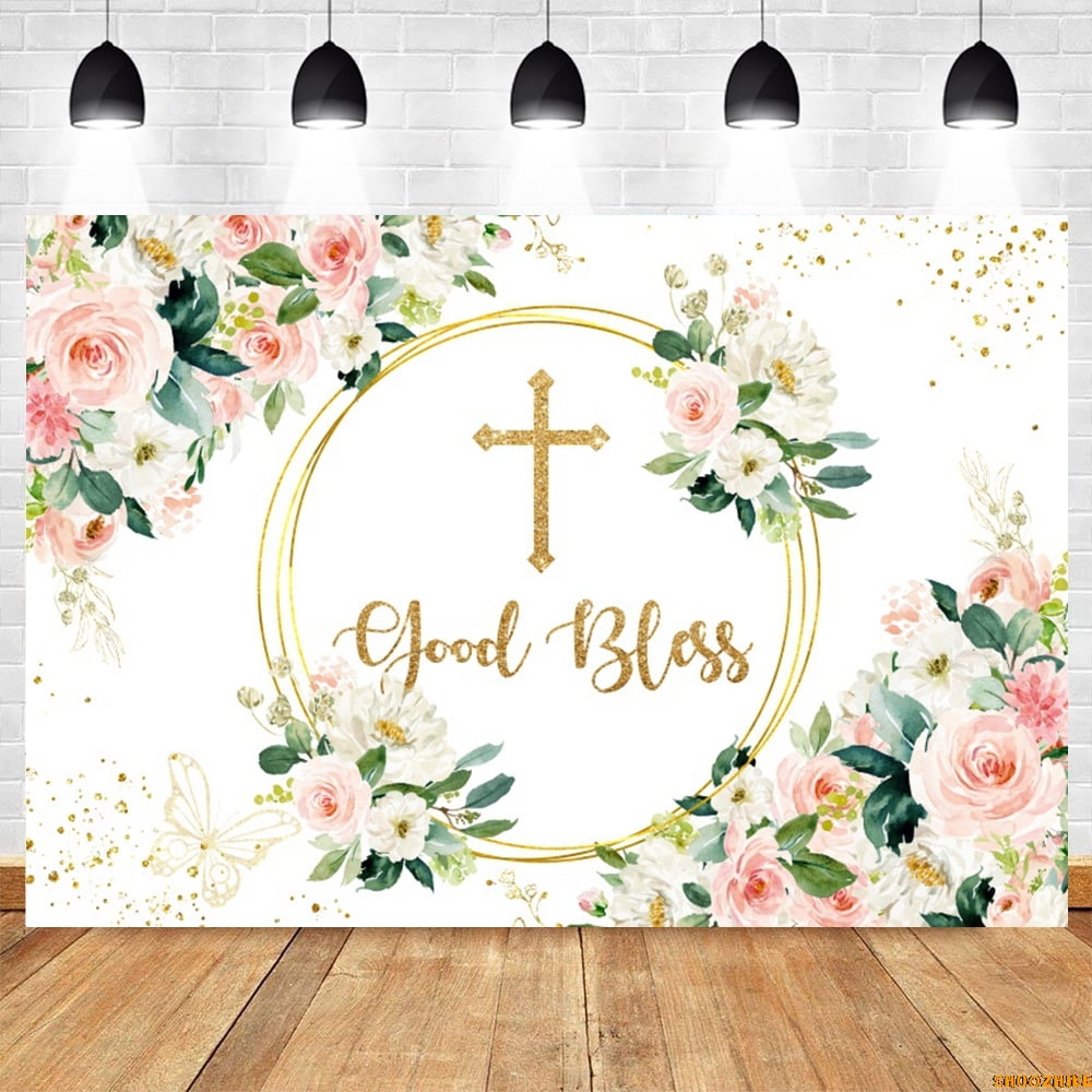 Baby Girl Boy First Communion Background Flower Leaves Cross God Bless ...