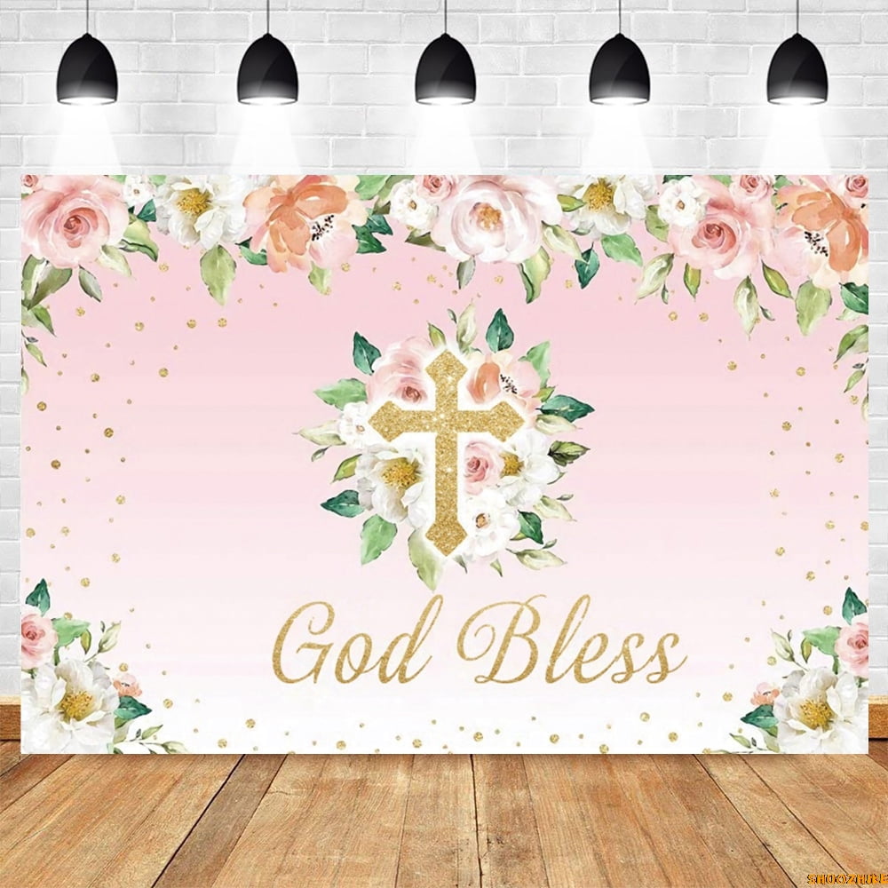 Baby Girl Boy First Communion Background Flower Leaves Cross God Bless ...