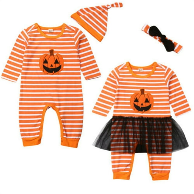 Baby Girl Boy Halloween Outfit Newborn Infant Pumpkin Romper Striped Jumpsuit with Hat/Headband ...