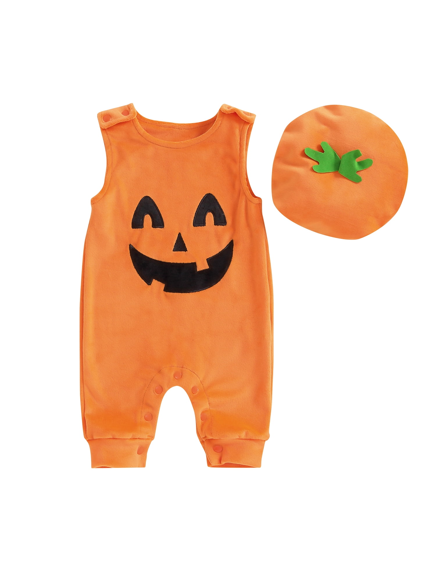 Baby Girl Boy Halloween Pumpkin Costume Sleeveless Romper Jumpsuits with Hat Cute Halloween ...