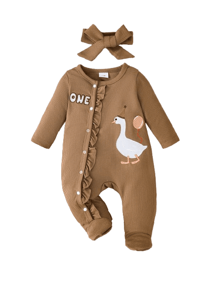 Baby Girl Brown Waffle Knit Footed Romper Set with Goose Print and ...
