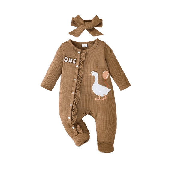 Baby Girl Brown Waffle Knit Footed Romper Set with Goose Print and ...