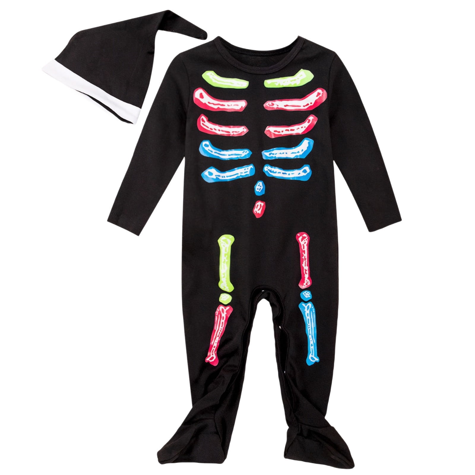 Baby Girl Bubble Romper Halloween Colorful Skeleton Print Jumpsuit with Hat 2 Piece Set for ...