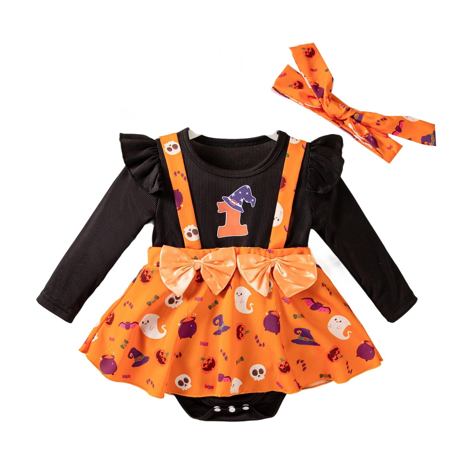 Baby Girl Bubble Romper Girls My First Halloween Boo Ghost Pumpkin Print Skirted Romper Fall ...
