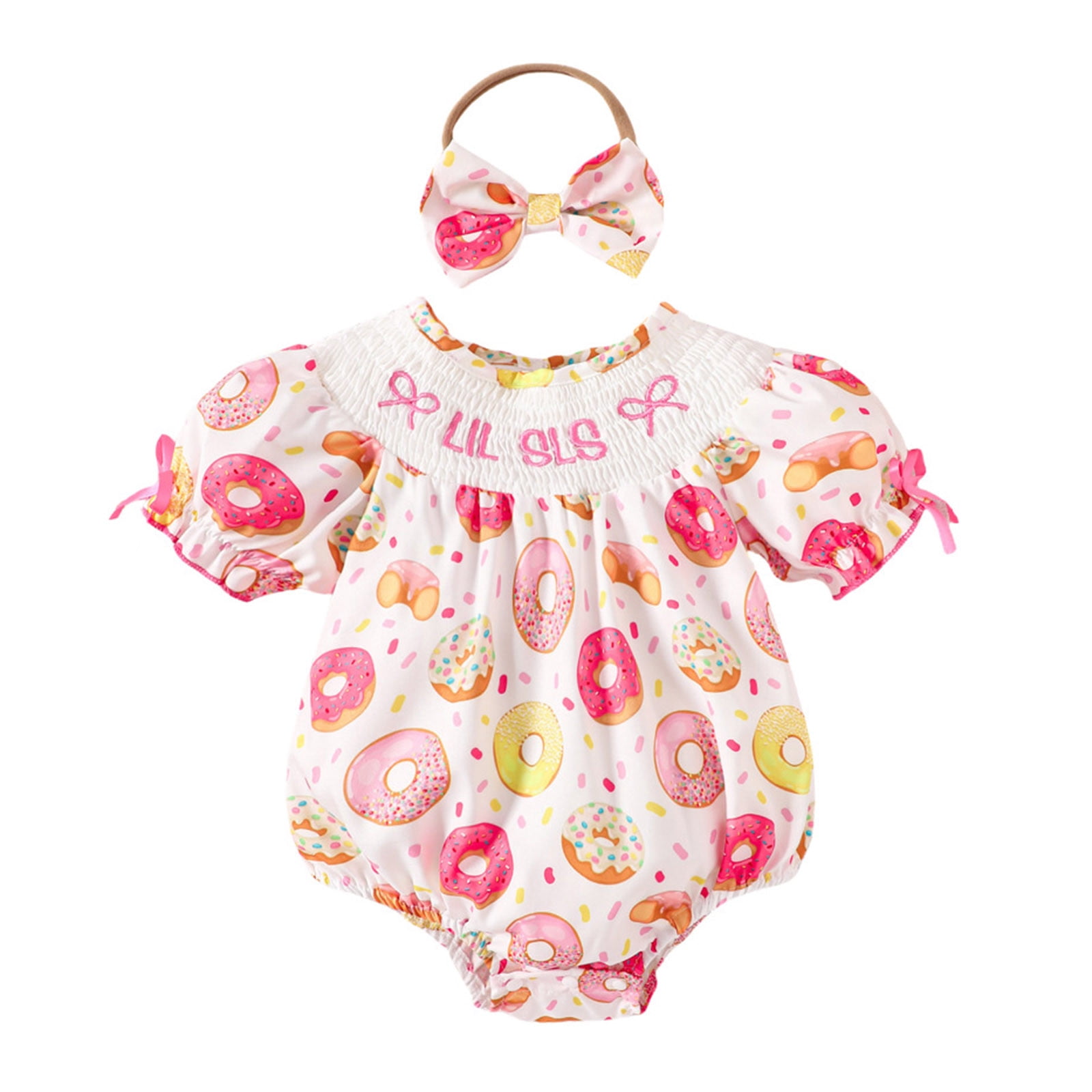Baby Girl Bubble Romper Girls Short Sleeve Prints Romper Bodysuits Headbands Set Baby Onesies ...