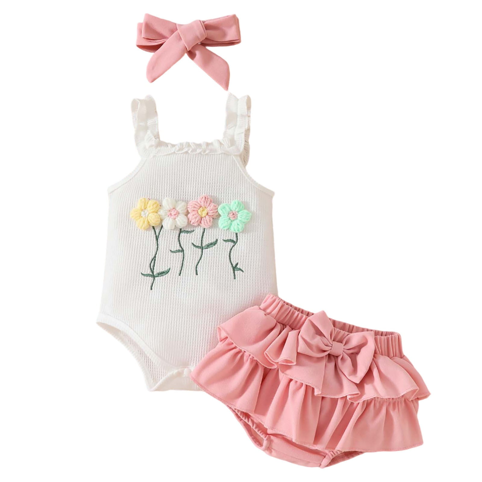 Baby Girl Bubble Romper Girls Strappy Lace Bodysuit with 3D Floral Design 3 Piece Summer Set ...